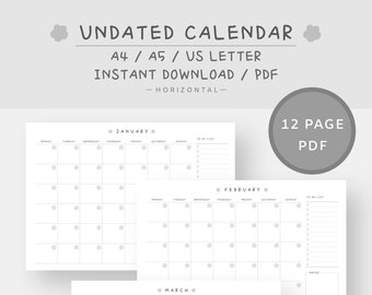 Undated Editable Monthly Calendar Printable Planner PDF - Etsy