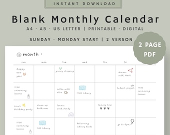 Blank Calendar, Printable, Digital Download, Template PNG A4, A5 US ...