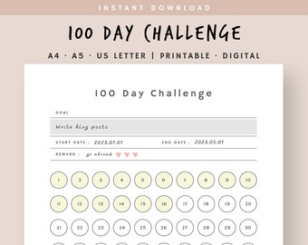 100 Day Challenge Printable, A4/a5/letter/half Letter, PDF - Etsy