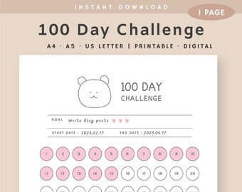100 Day Challenge Printable, A4/a5/letter/half Letter, PDF - Etsy