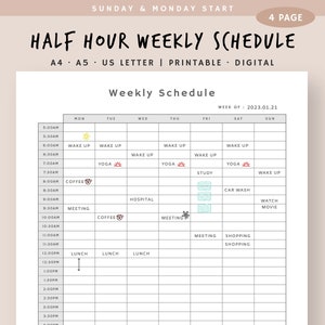 Half Hourly Weekly Schedule Printable, Weekly Organizer, Week at a ...