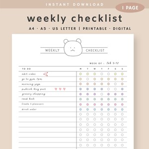 Weekly Checklist Printable, to Do List Template, Weekly Task Planner ...