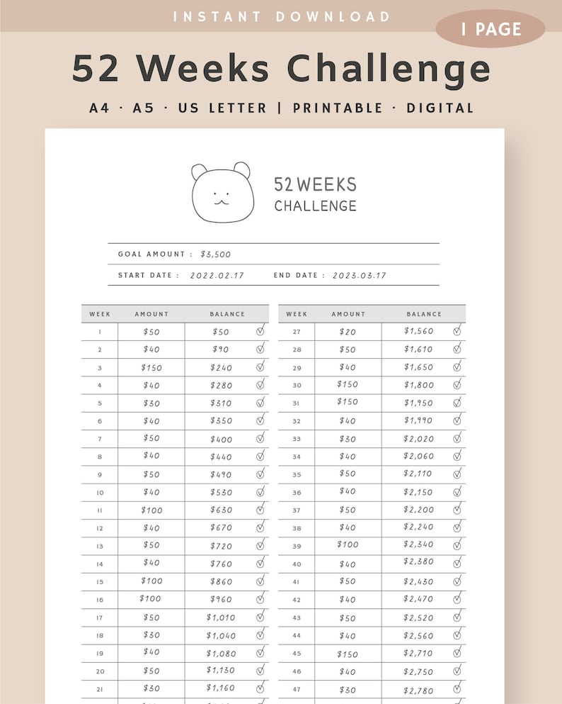 52 Week Savings Challenge Printable, Money Challenge, Savings Tracker ...