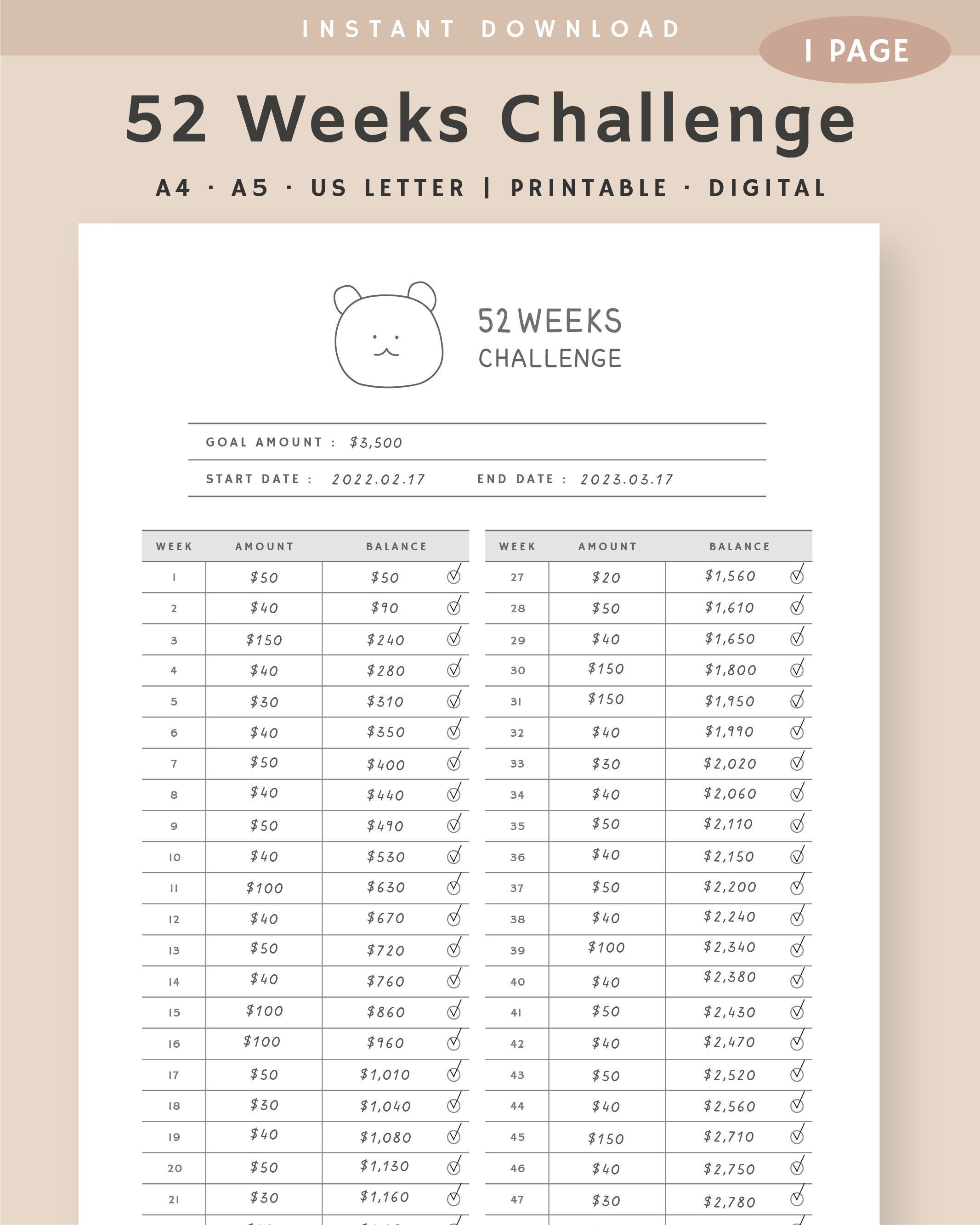 52 Week Savings Challenge Printable, Money Challenge, Savings Tracker ...