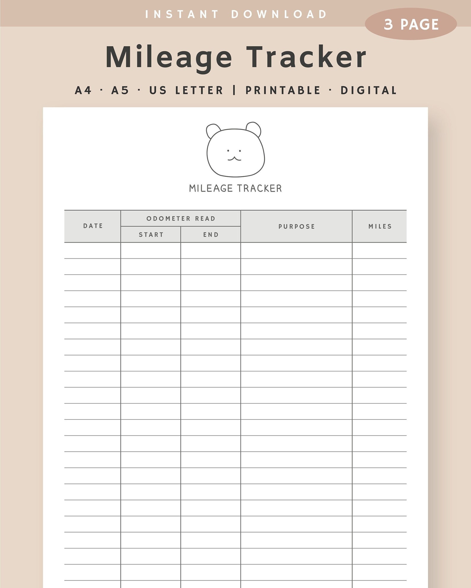 Mileage Tracker Printable, Mileage Log, Car Mileage Printable, Business ...