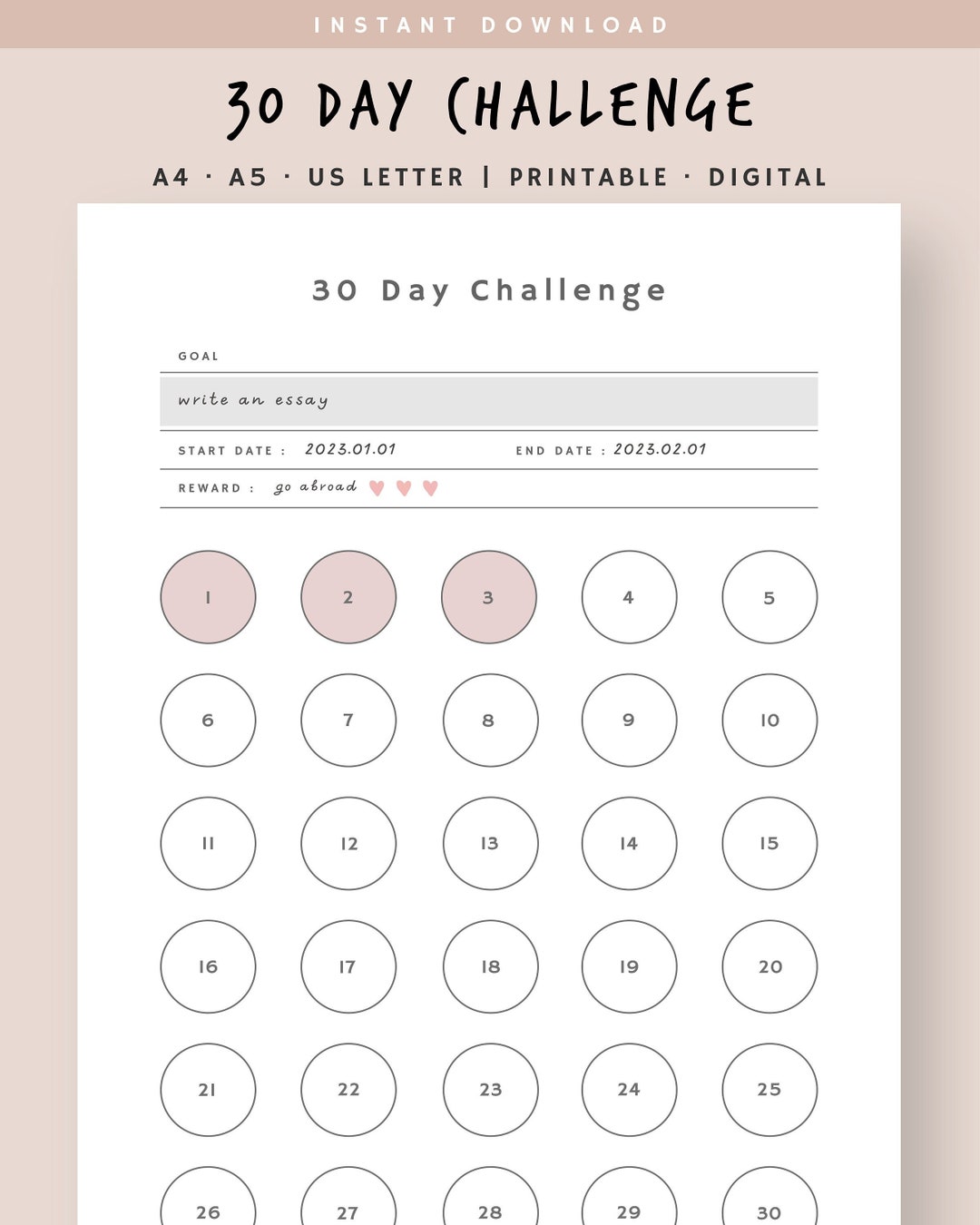 30 Day Challenge Printable, 30 Day Goal Tracker, Progress Tracker, 30 ...
