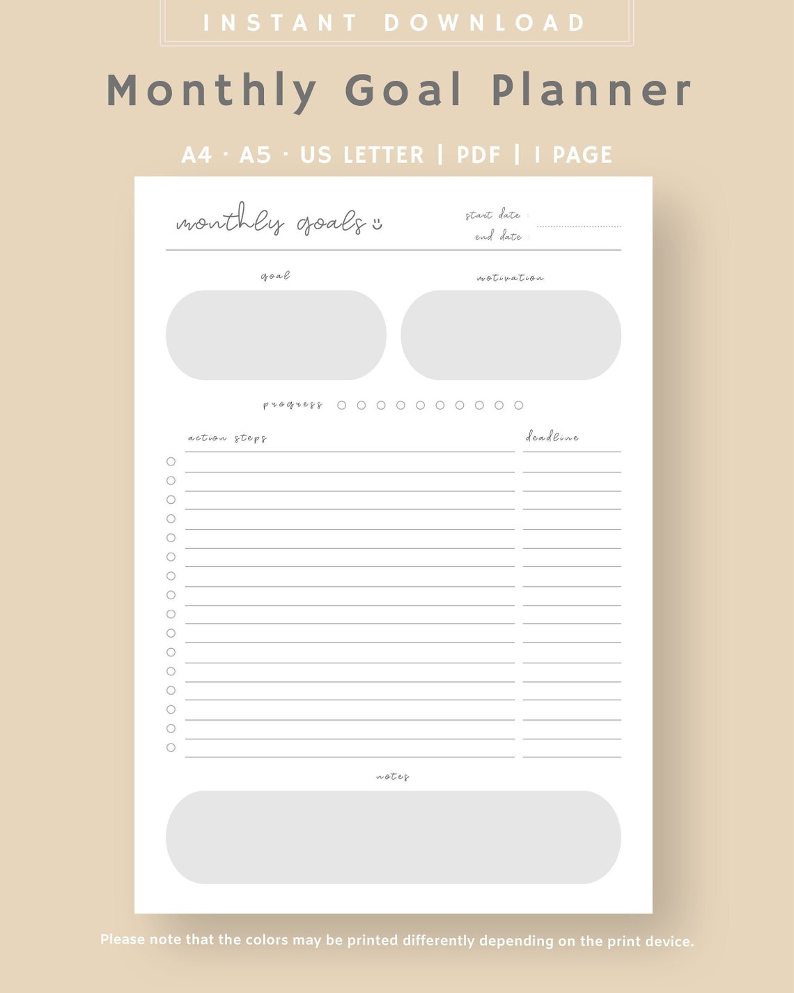 Monthly Goal Planner Printable Template Goal Planner Insert Goal