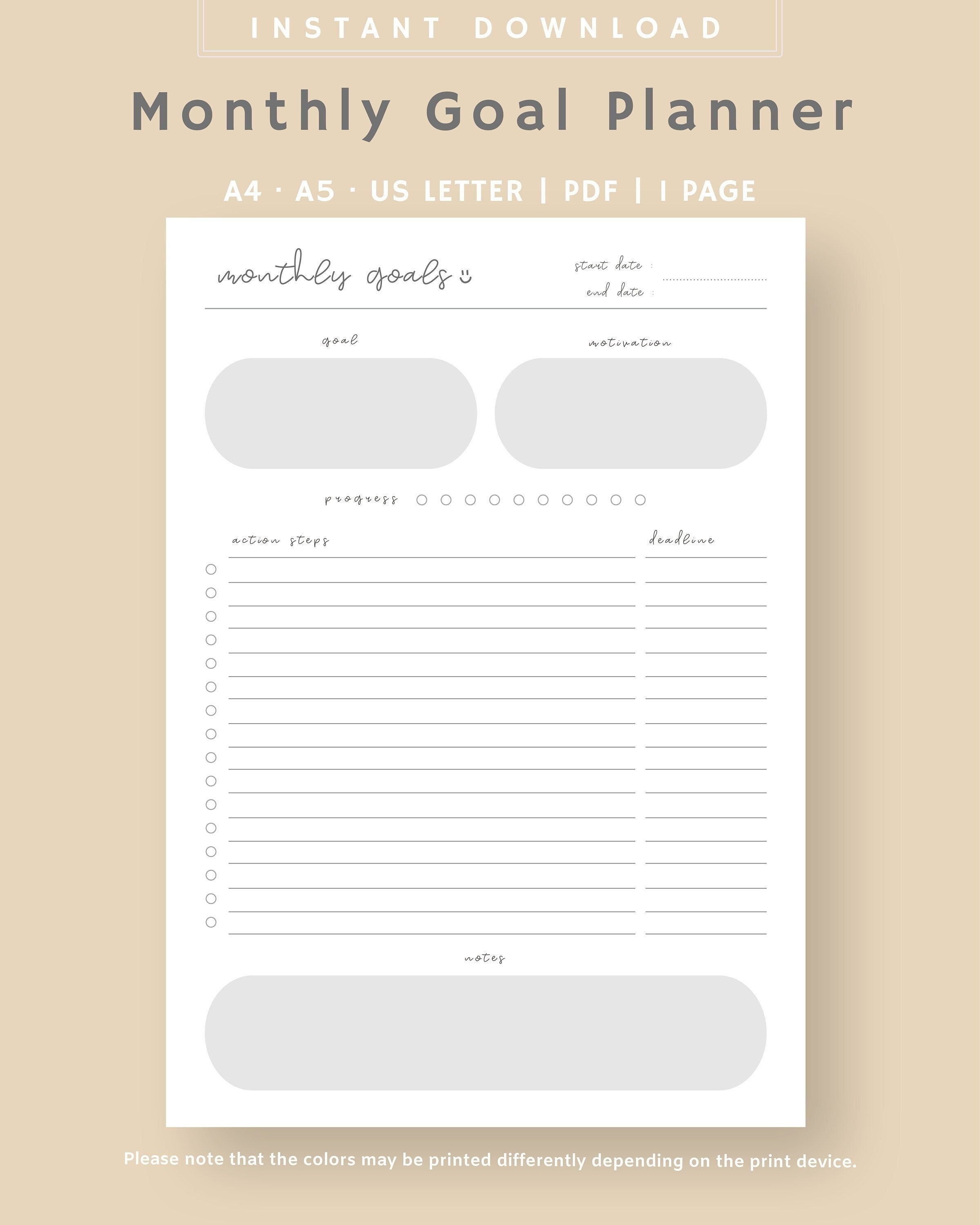 Monthly Goal Planner Printable Template | Goal Planner Insert | Goal ...