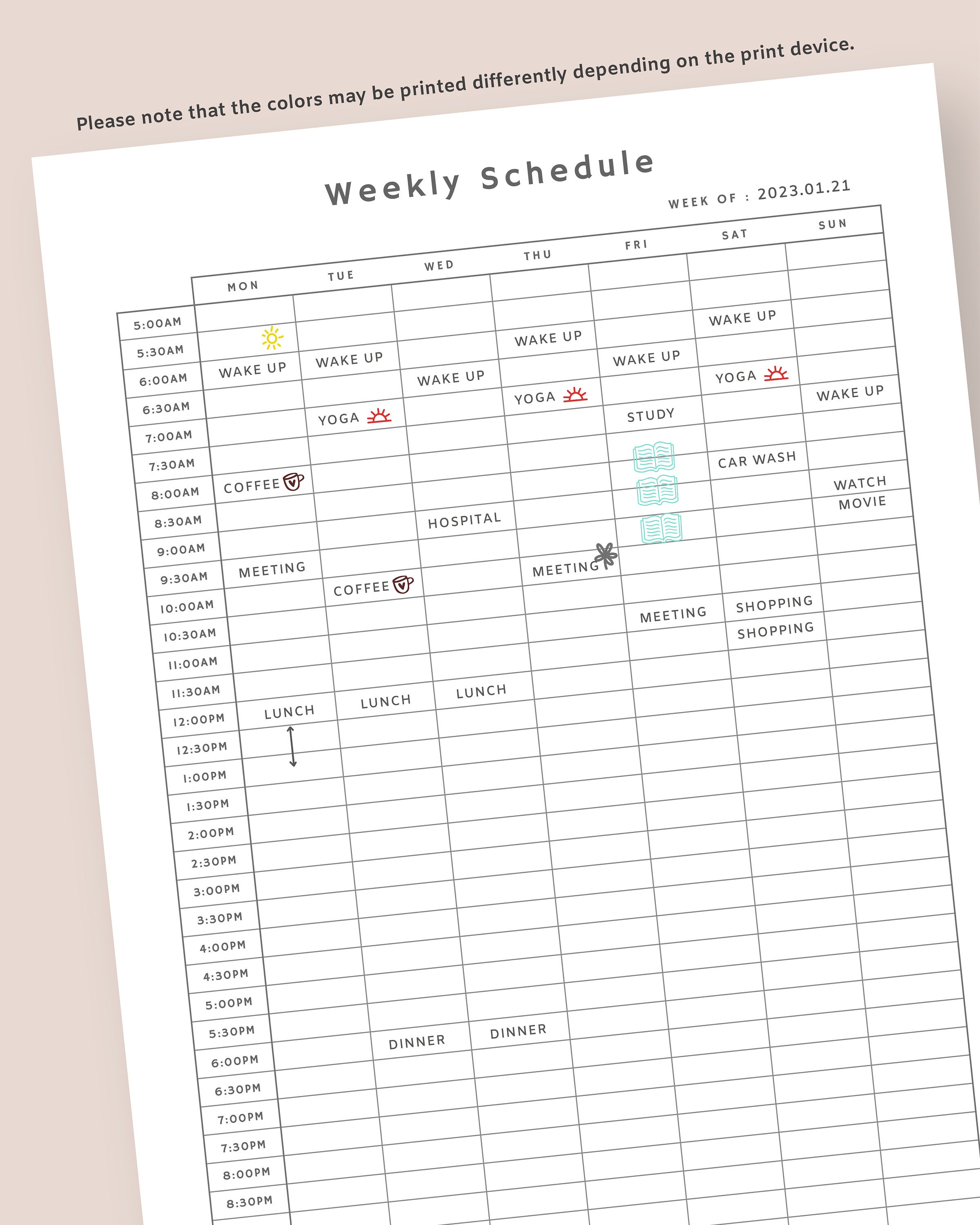 Half Hourly Weekly Schedule Printable, Weekly Organizer, Week at a ...