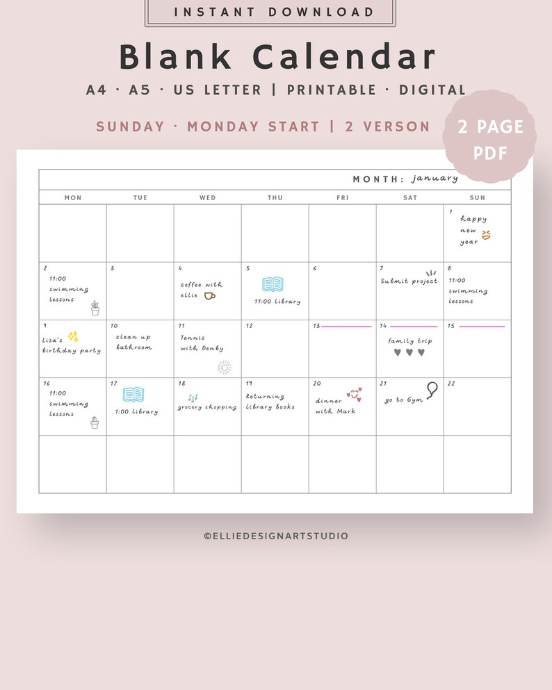 Blank Monthly Calendar | Monthly Planner Template | Minimal Monthly ...
