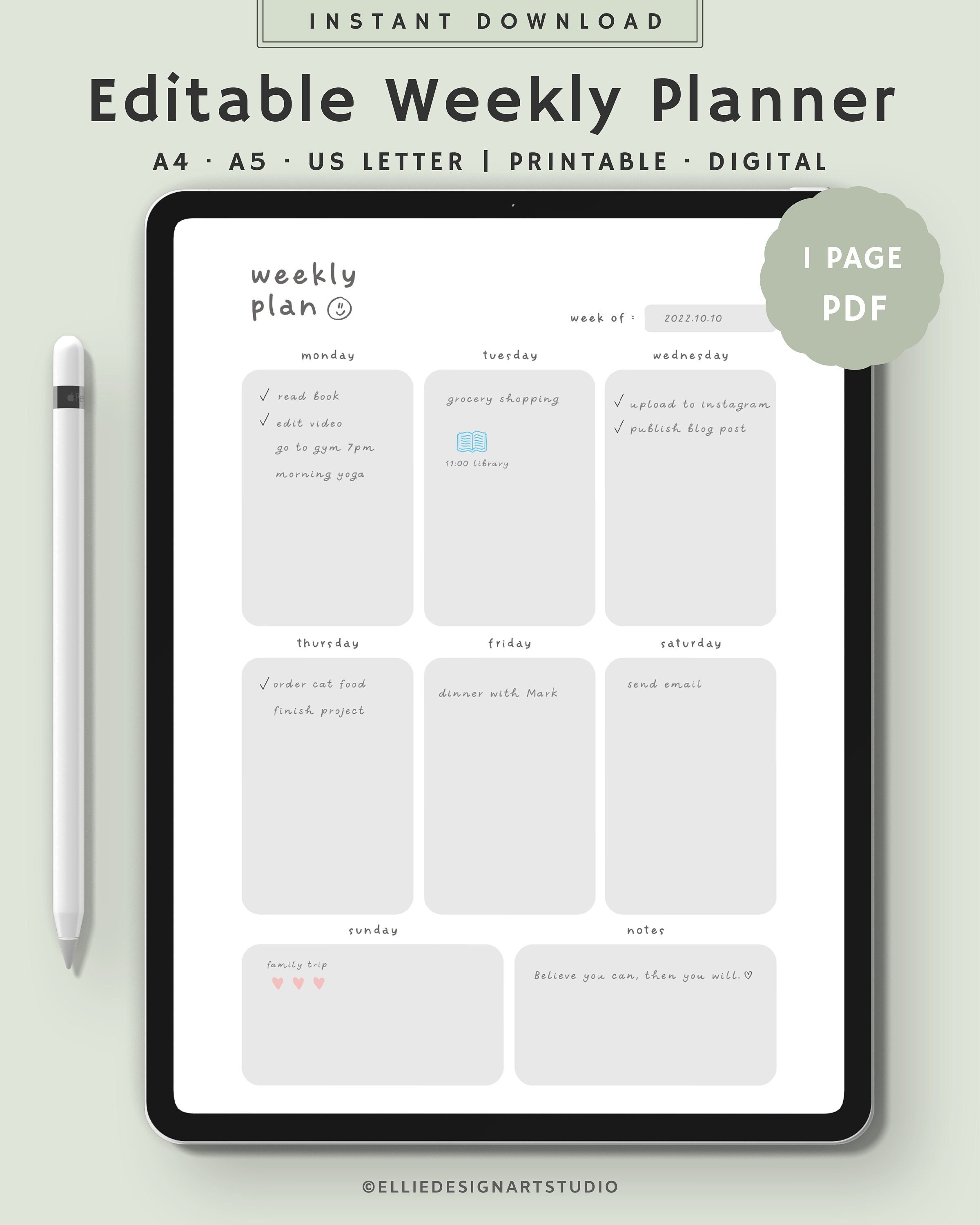 Editable Weekly Planner Weekly Planner Digital Minimalist Weekly ...