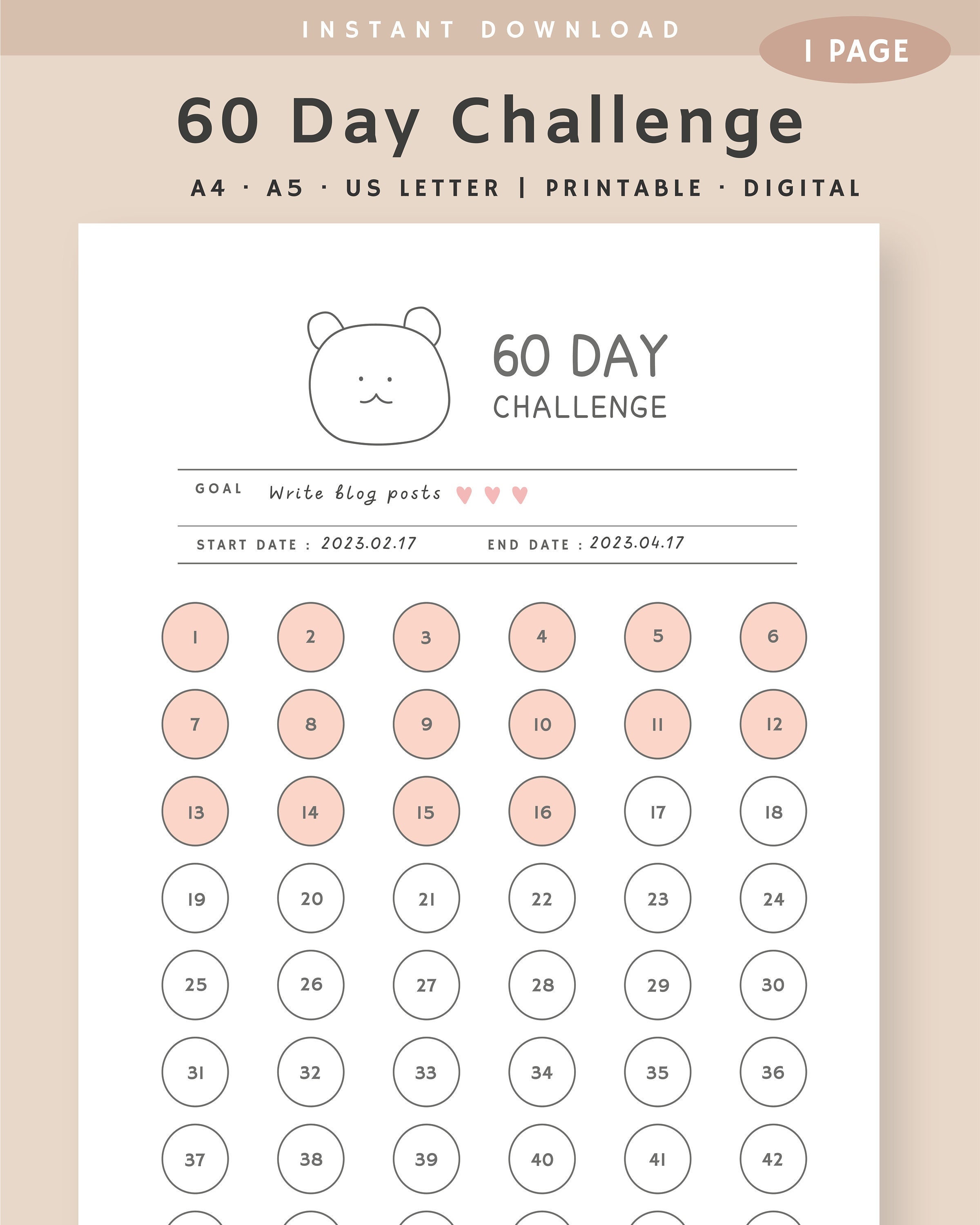60 Day Challenge Printable, Goal Progress Tracker, Goal Setting, Habit ...