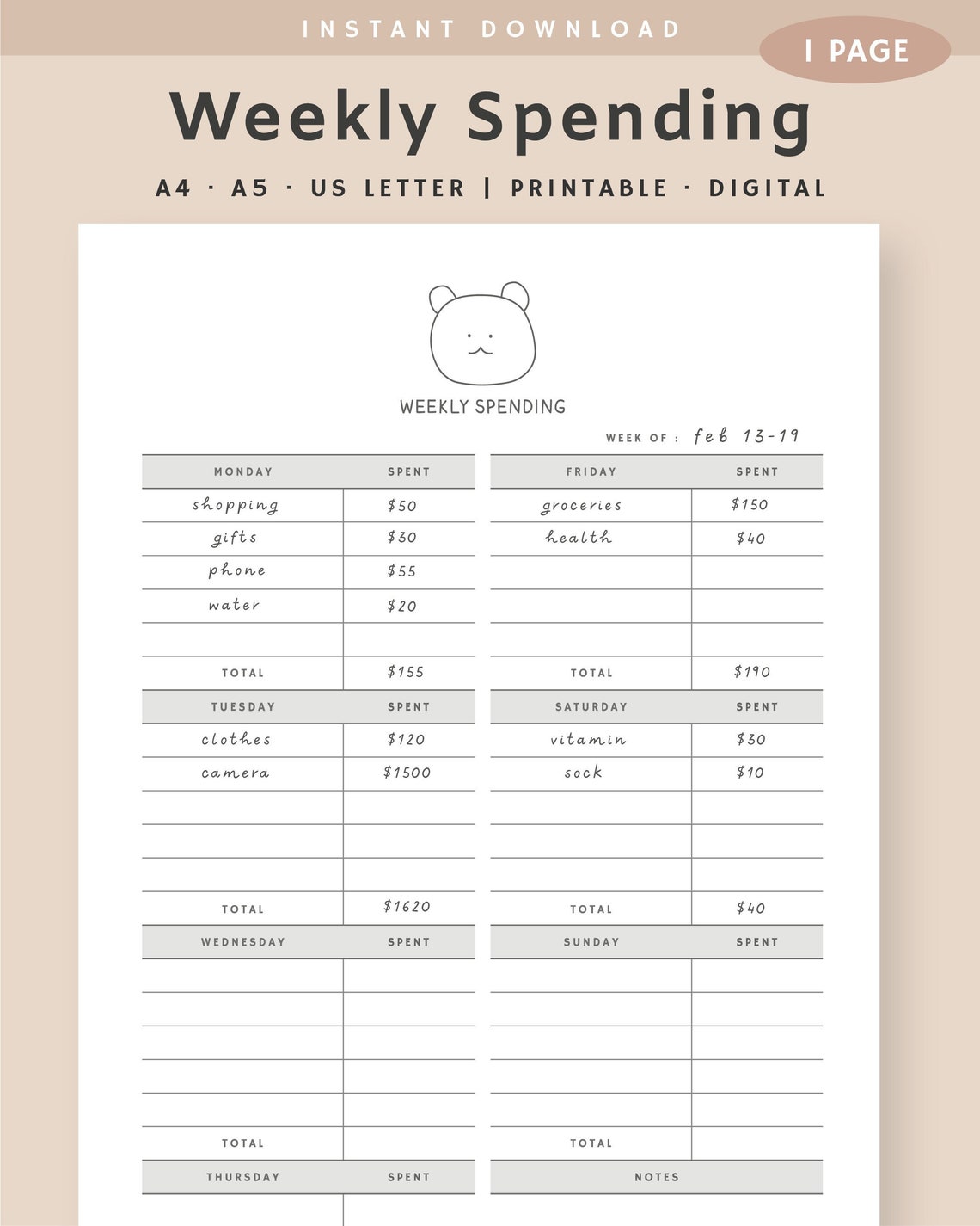 Weekly Expenses Tracker Printable, Expense Tracker, Purchase Tracker ...