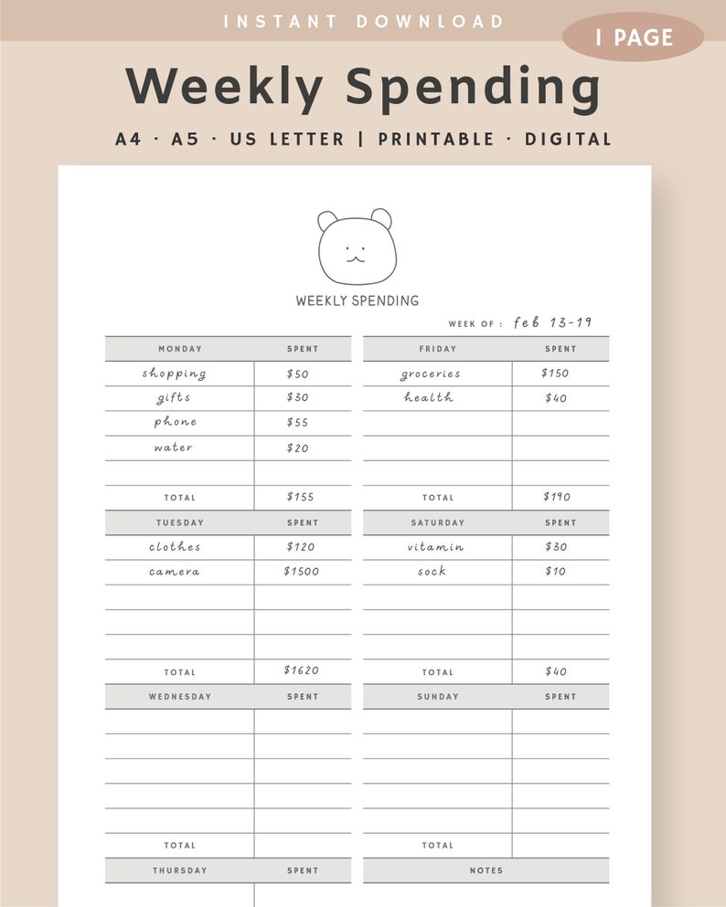 Weekly Expenses Tracker Printable, Expense Tracker, Purchase Tracker ...