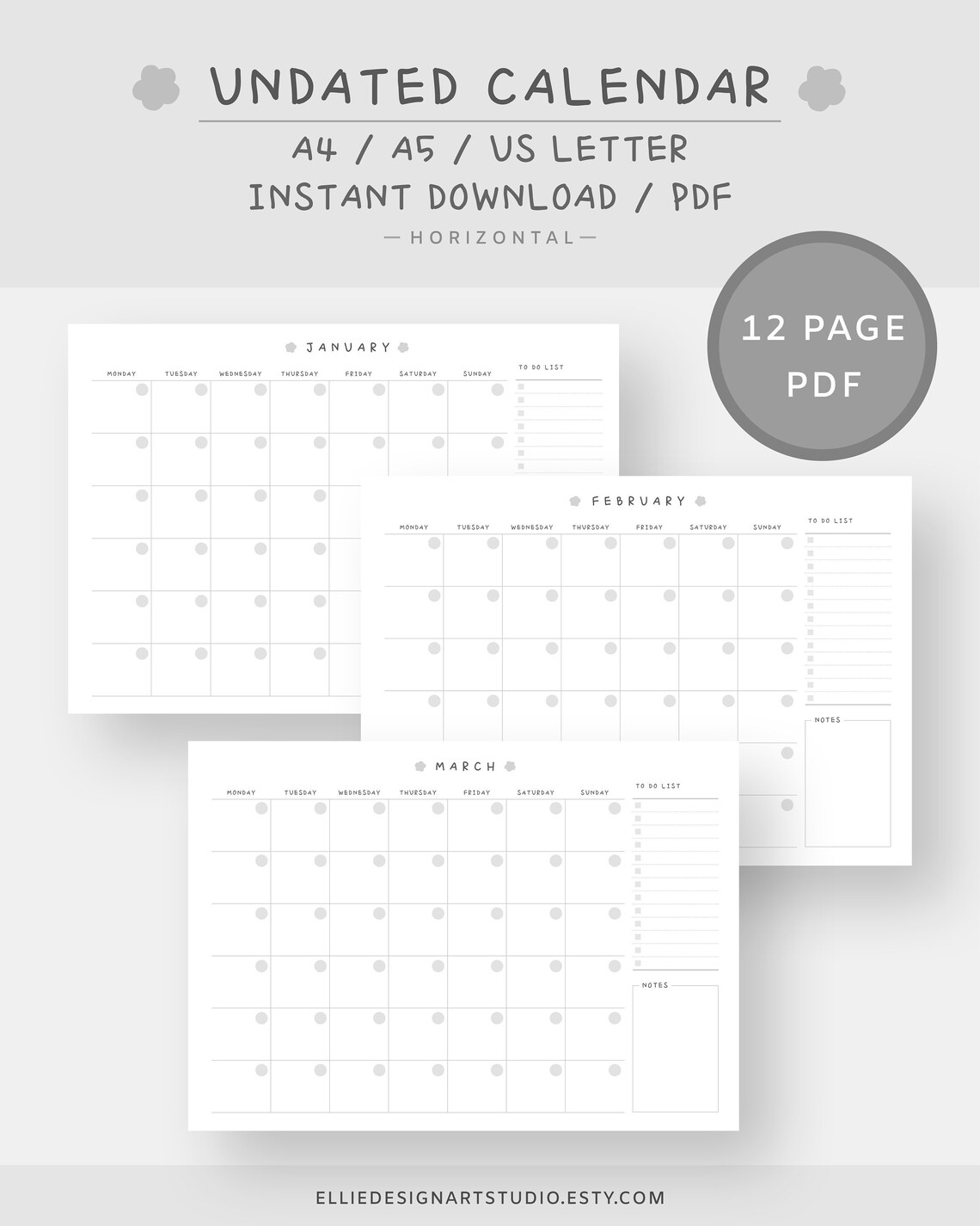Calendario mensual imprimible / Calendario sin fecha / Planificador ...
