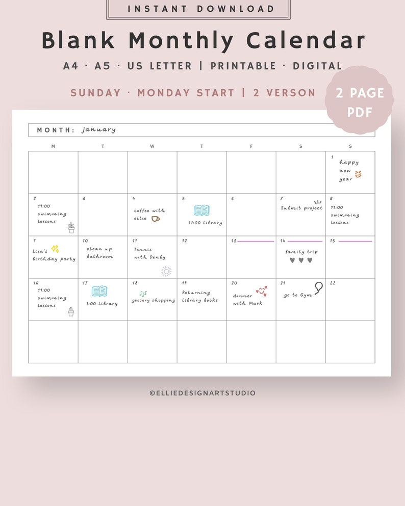 Minimalist Blank Monthly Calendar Digital Monthly Planner Minimal ...
