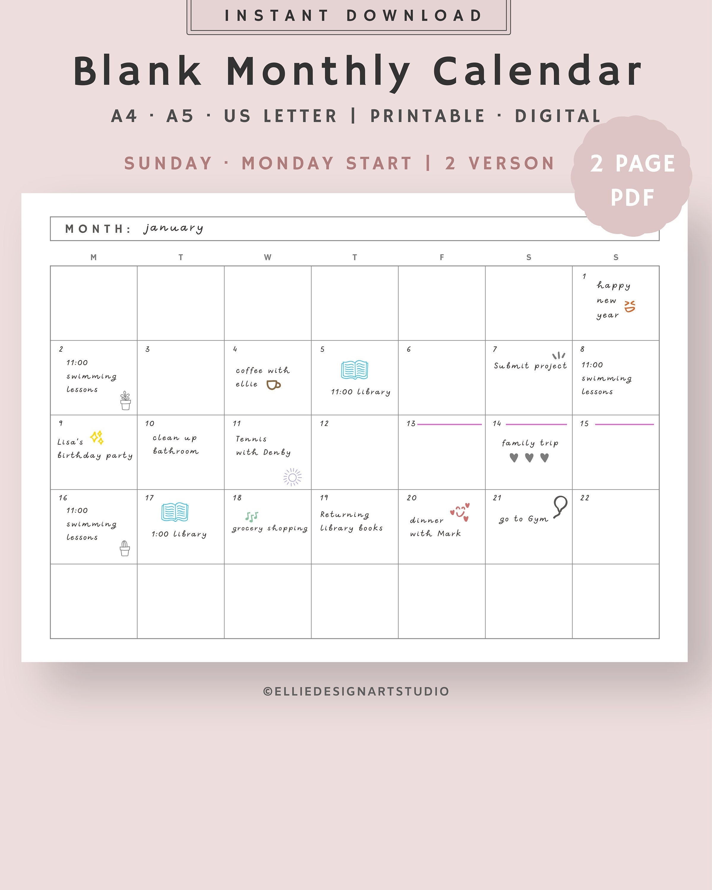 Minimalist Blank Monthly Calendar | Digital Monthly Planner | Minimal ...