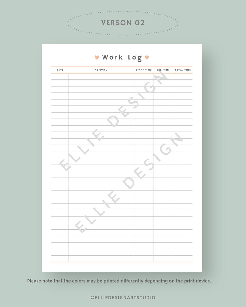Digital Work Log | Work Log Printable | Time Spent Tracker | Working ...