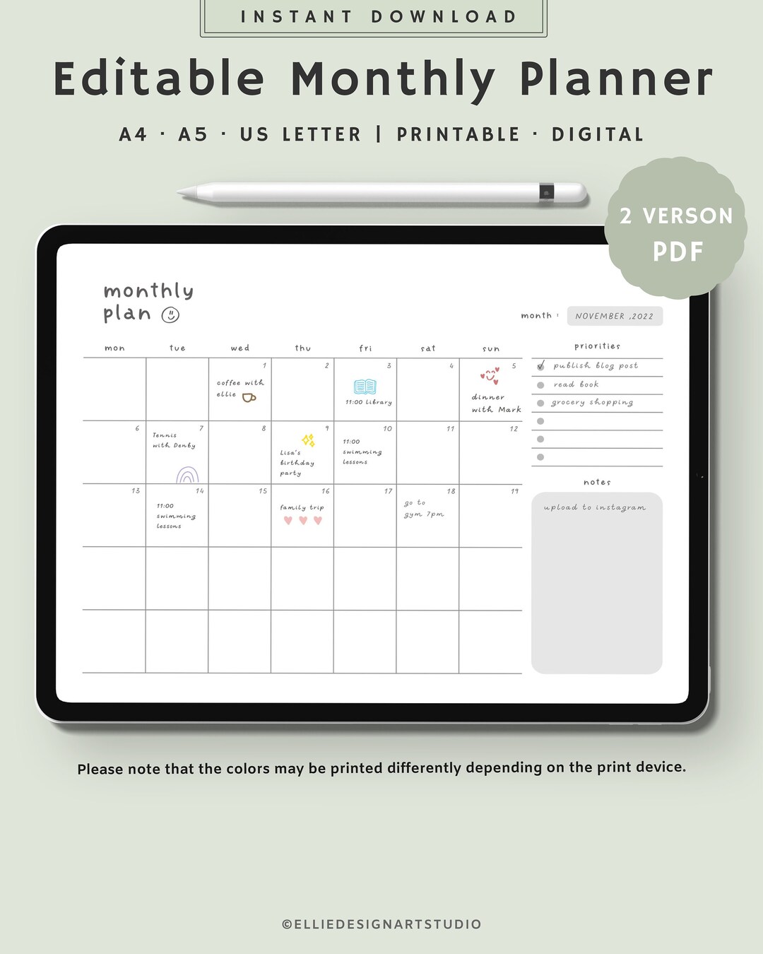 Minimalist Calendar Template | Undated Digital Planner Printable ...