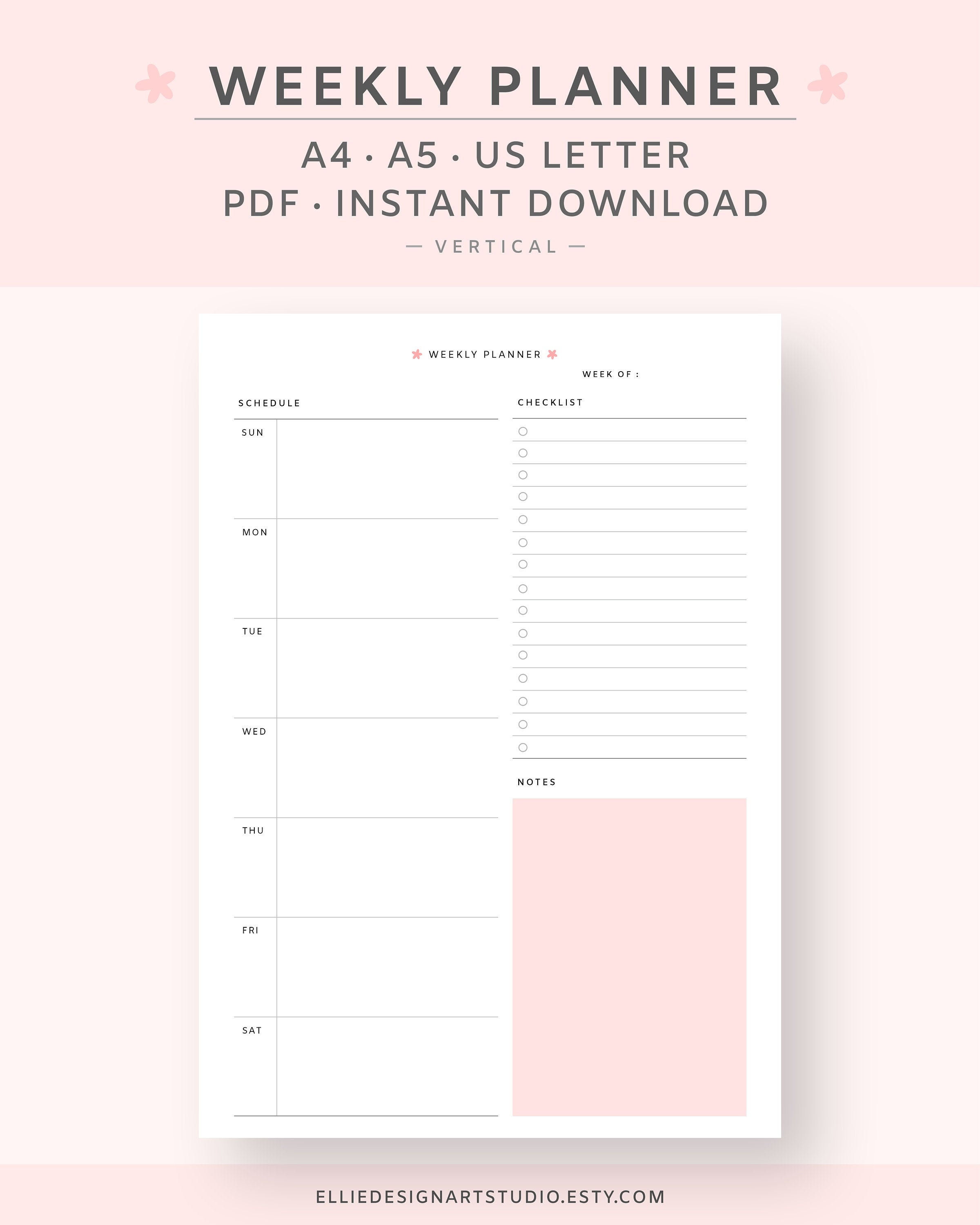 Vertical Weekly Planner imprimible con lista de verificación / | Etsy