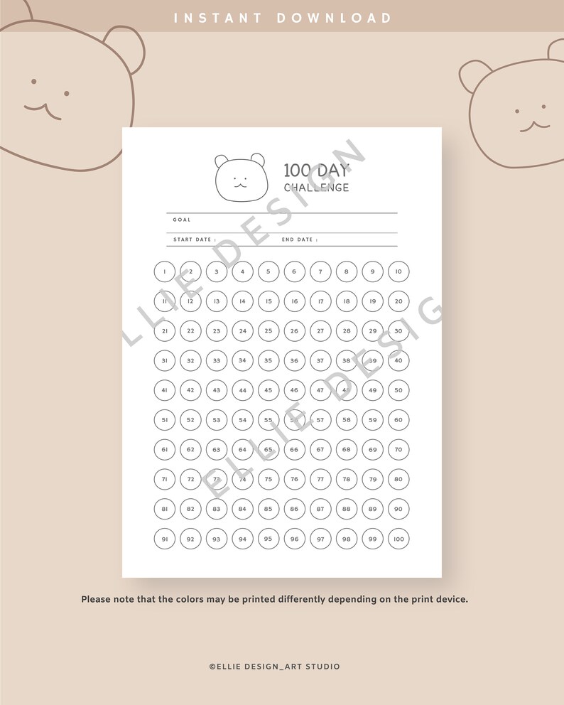 100 Day Challenge Tracker Printable, Goal Setting, Progress Tracker ...