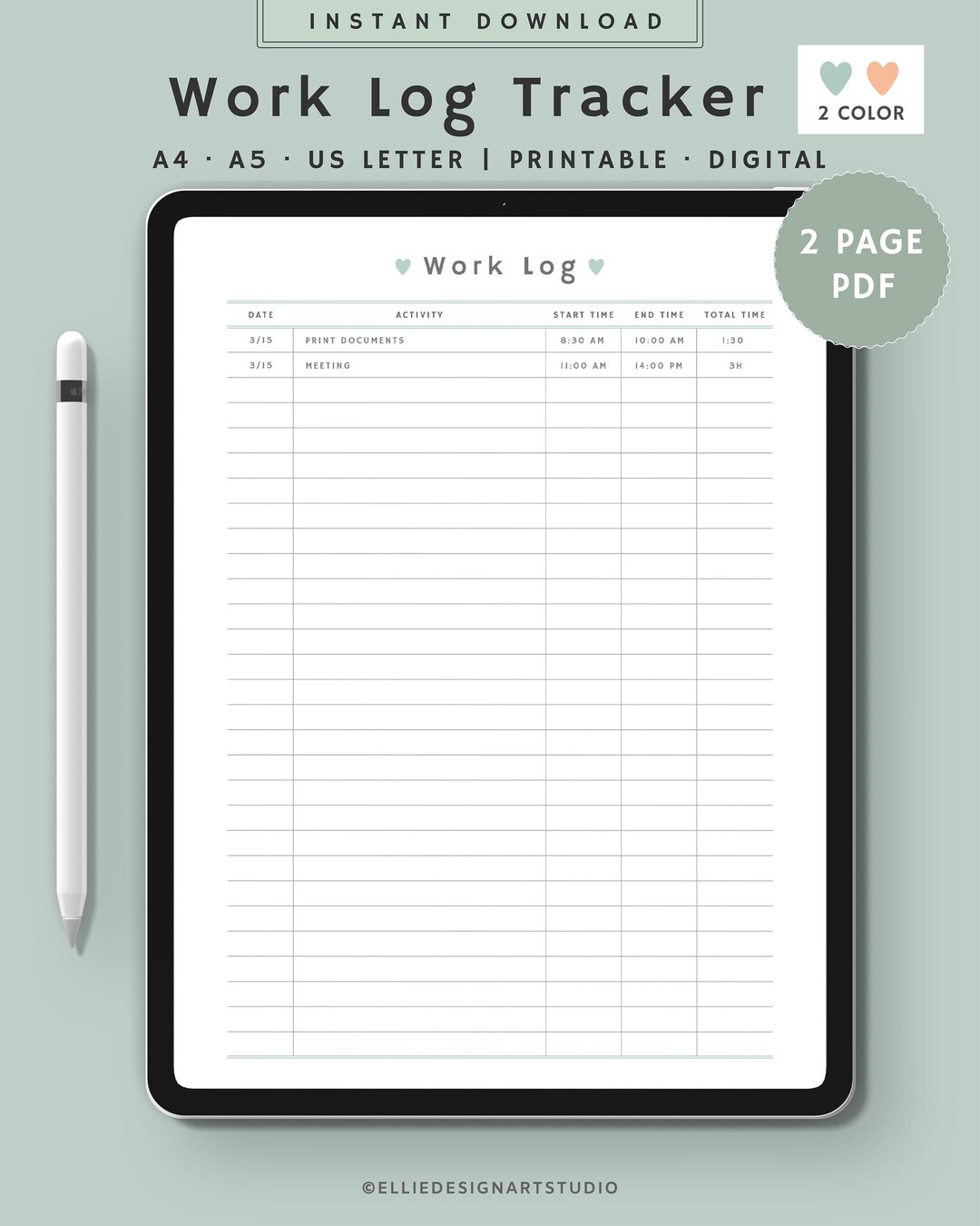Digital Work Log | Work Log Printable | Time Spent Tracker | Working ...