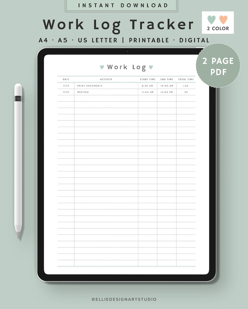 Digital Work Log | Work Log Printable | Time Spent Tracker | Working ...