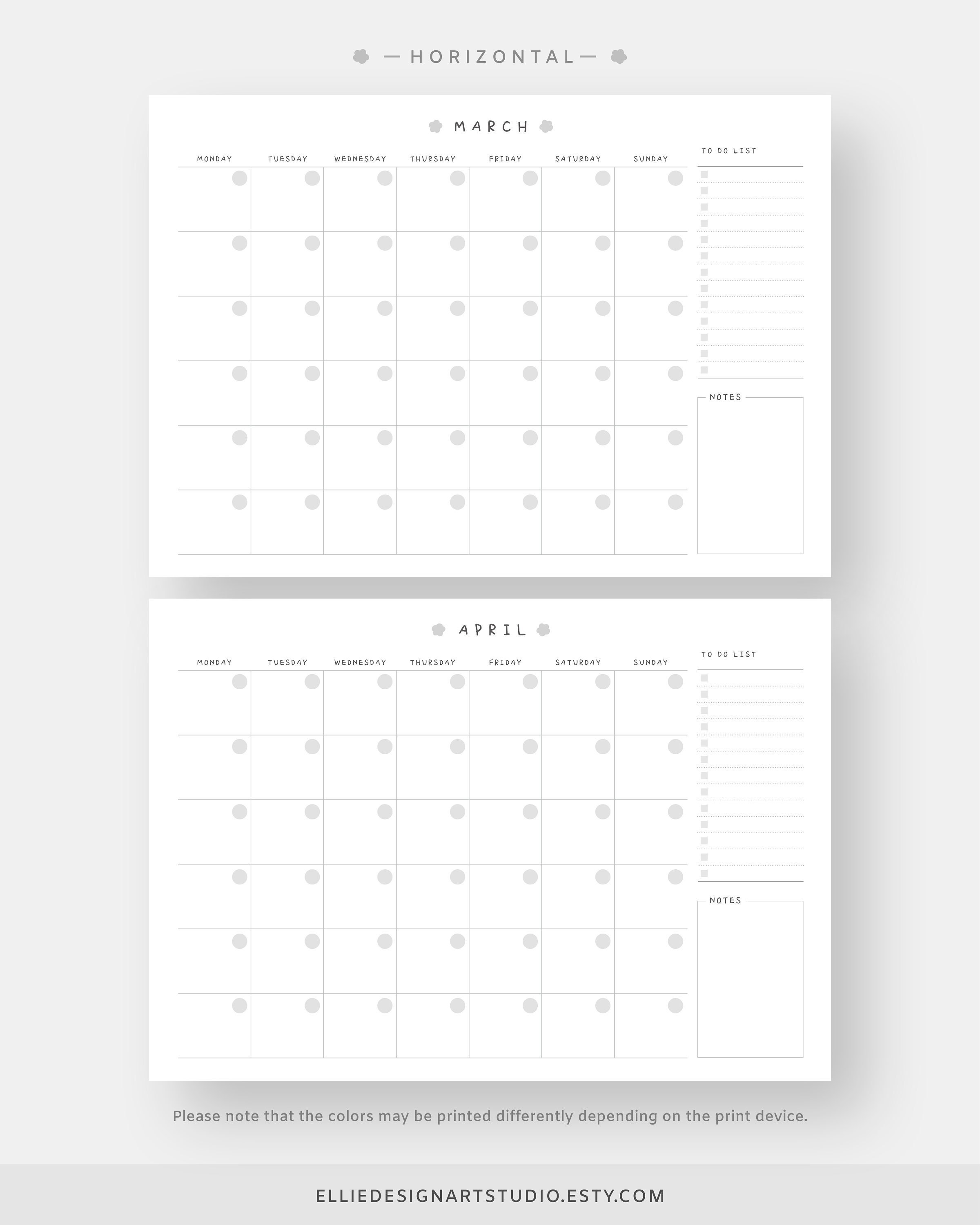 Calendario mensual imprimible / Calendario sin fecha / Planificador ...