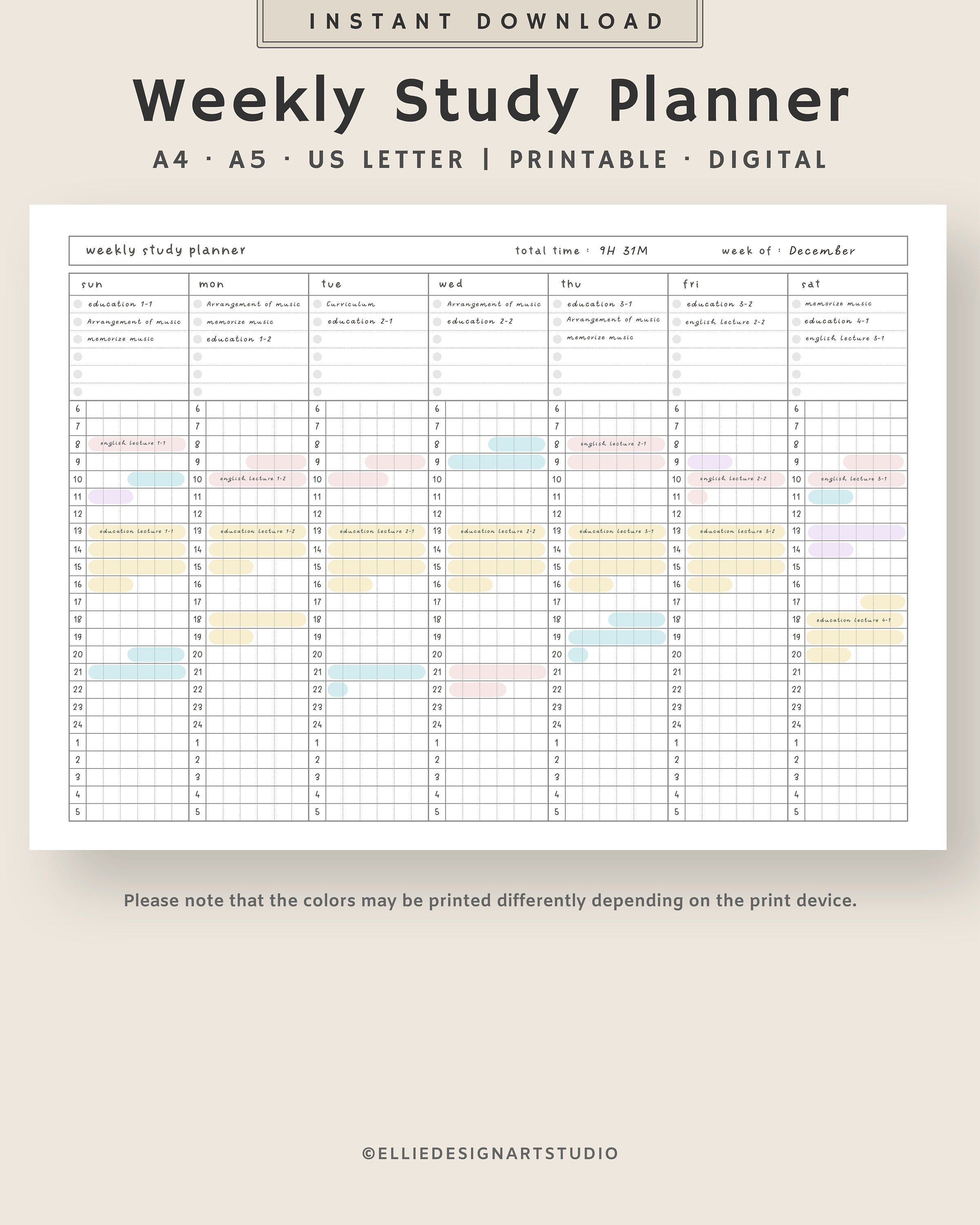 Weekly Study Planner | Undated Weekly Study Planner Template | Digital ...