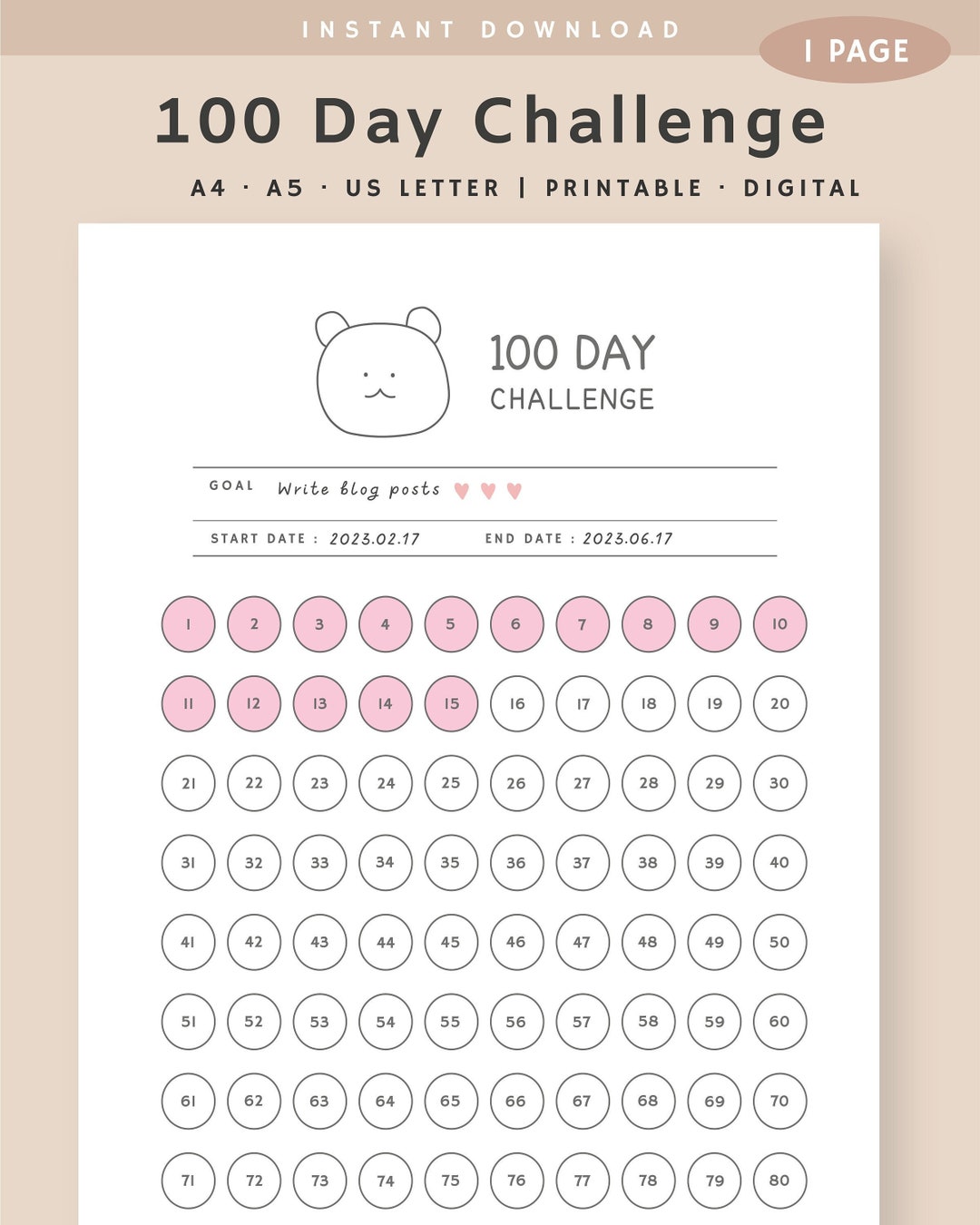100 Day Challenge Tracker Printable, Goal Setting, Progress Tracker ...