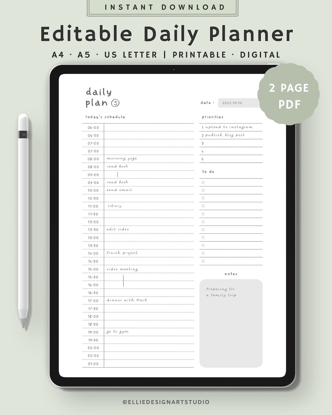 Editable Daily Planner Template | Daily Task List | Daily Planner ...