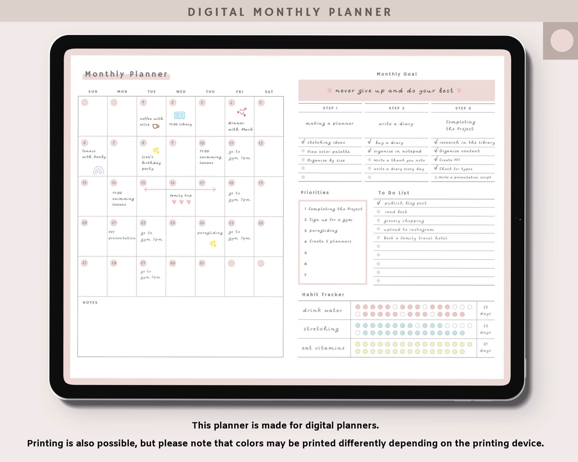 Digital Monthly Calendar, Undated Planner Template for Goodnotes Ipad ...