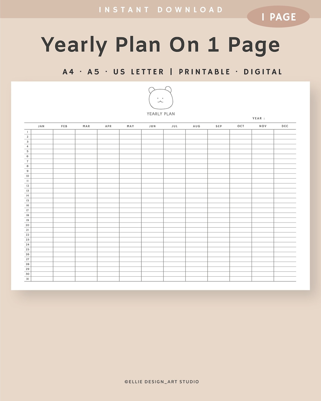 Year Planner on 1 Page, Year at a Glance, Year Tracker, Year at a ...