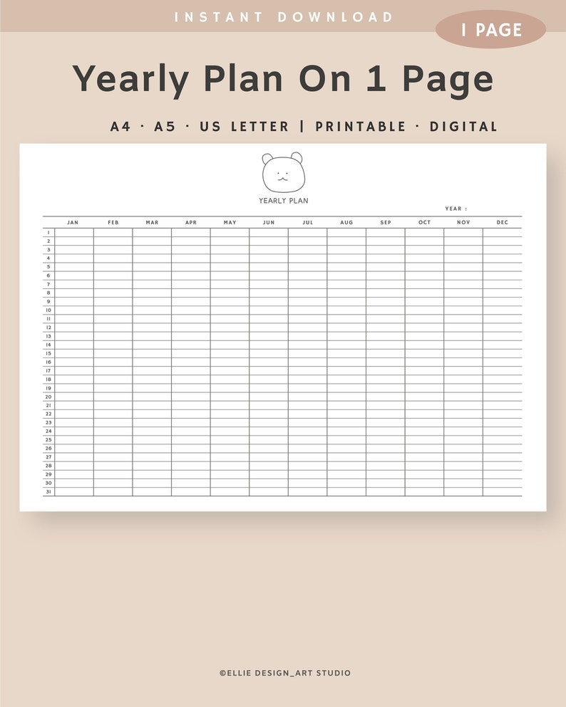 Year Planner on 1 Page, Year at a Glance, Year Tracker, Year at a ...