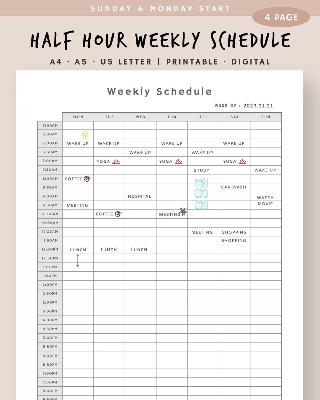 Half Hourly Weekly Schedule Printable, Weekly Organizer, Week at a ...