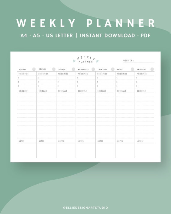 Horizontal Weekly Planner Printable Weekly Organizer | Etsy