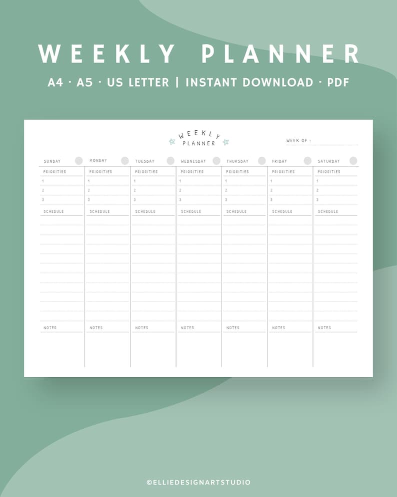 Horizontal Weekly Planner Printable Weekly Organizer - Etsy