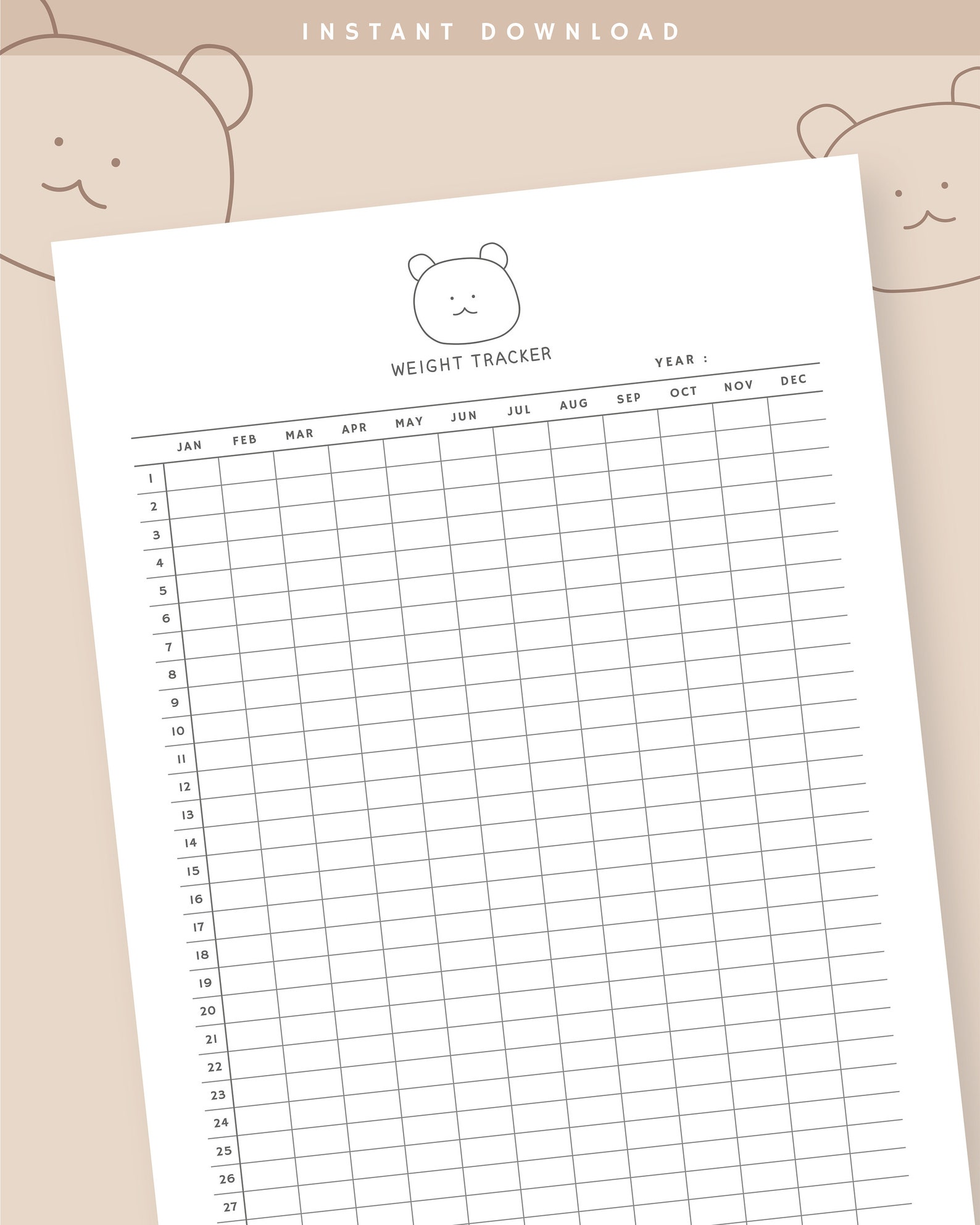 365 Day Weight Tracker Printable, Weight Loss Journal, Daily Weight ...
