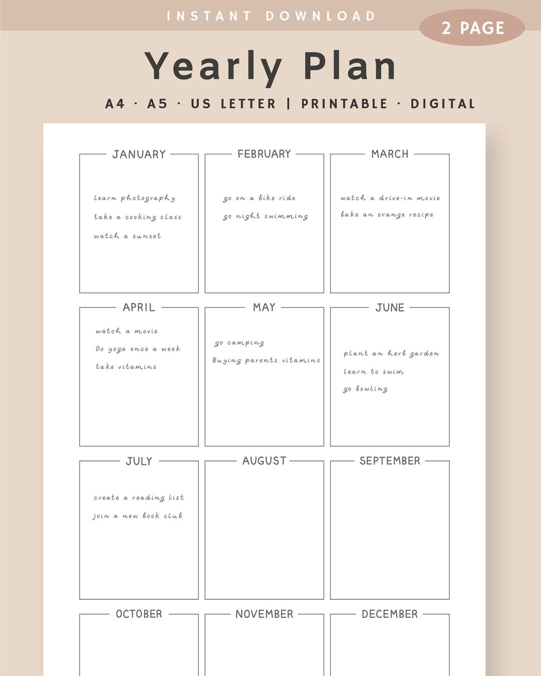 Yearly to Do List, Yearly Planner, Annual Planner, Annual Overview ...