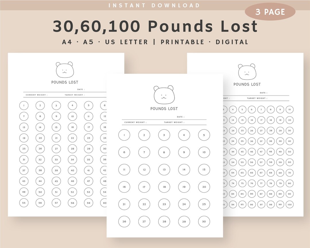 30, 60, 100 Pounds Lost Weight Tracker Bundle Printable, Weight Loss ...
