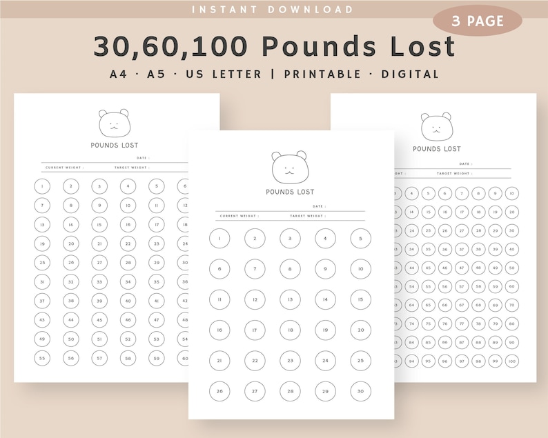 30, 60, 100 Pounds Lost Weight Tracker Bundle Printable, Weight Loss ...