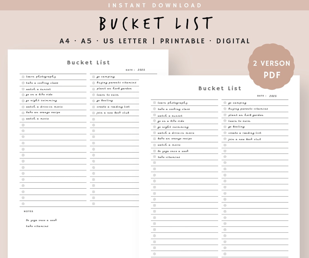 Bucket List Printable, Bucket List Journal, Life Goals Planner, Bucket ...