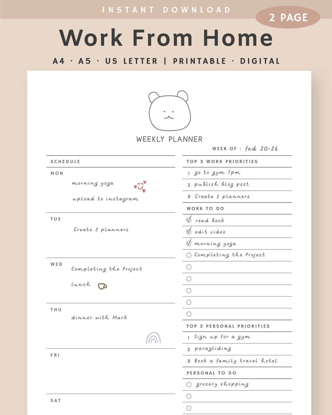 Work From Home Weekly Planner Printable, Week at a Glance, Weekly to Do ...