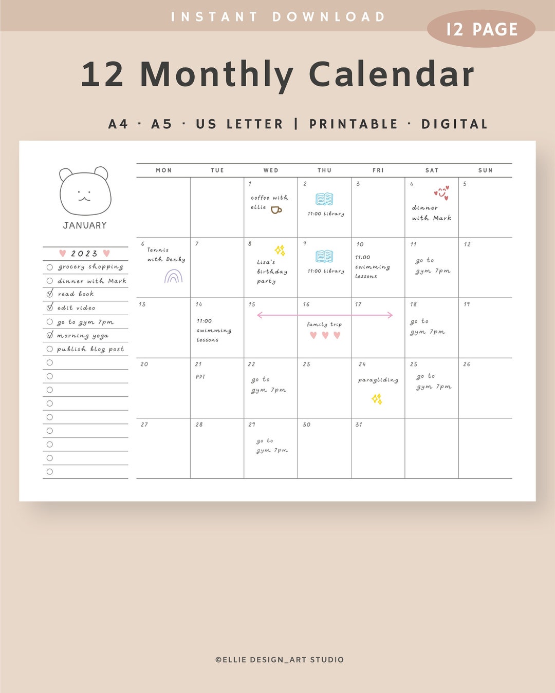Undated Monthly Calendar Printable Landscape, 12 Month Calendar ...