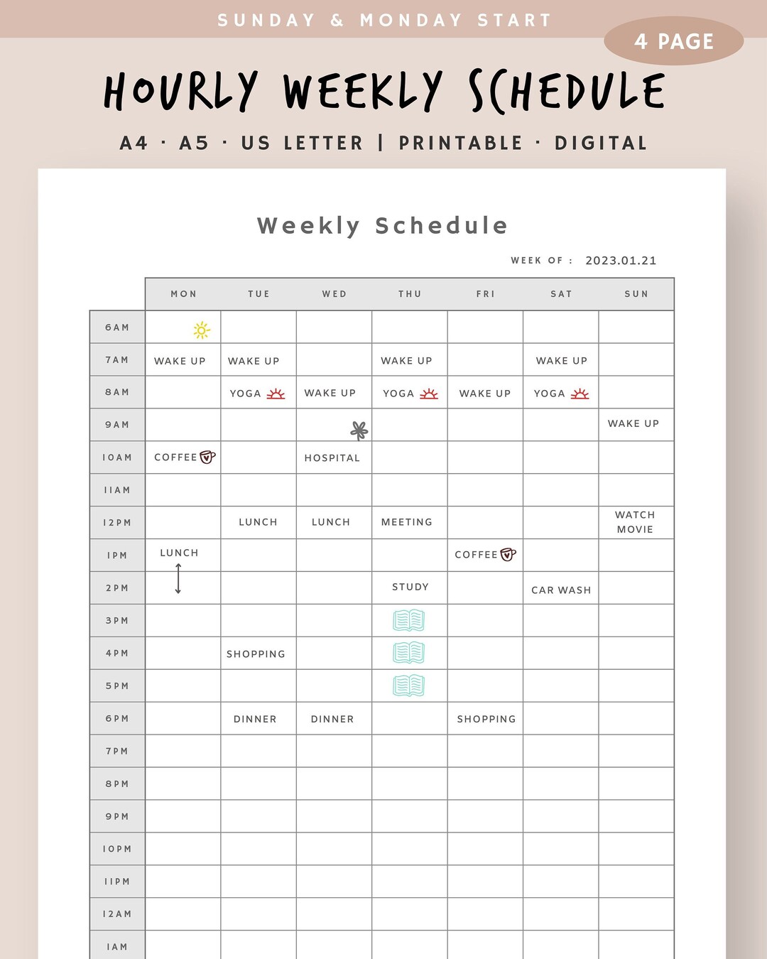 Hourly Weekly Schedule Printable, Week at a Glance, Minimalist Weekly ...