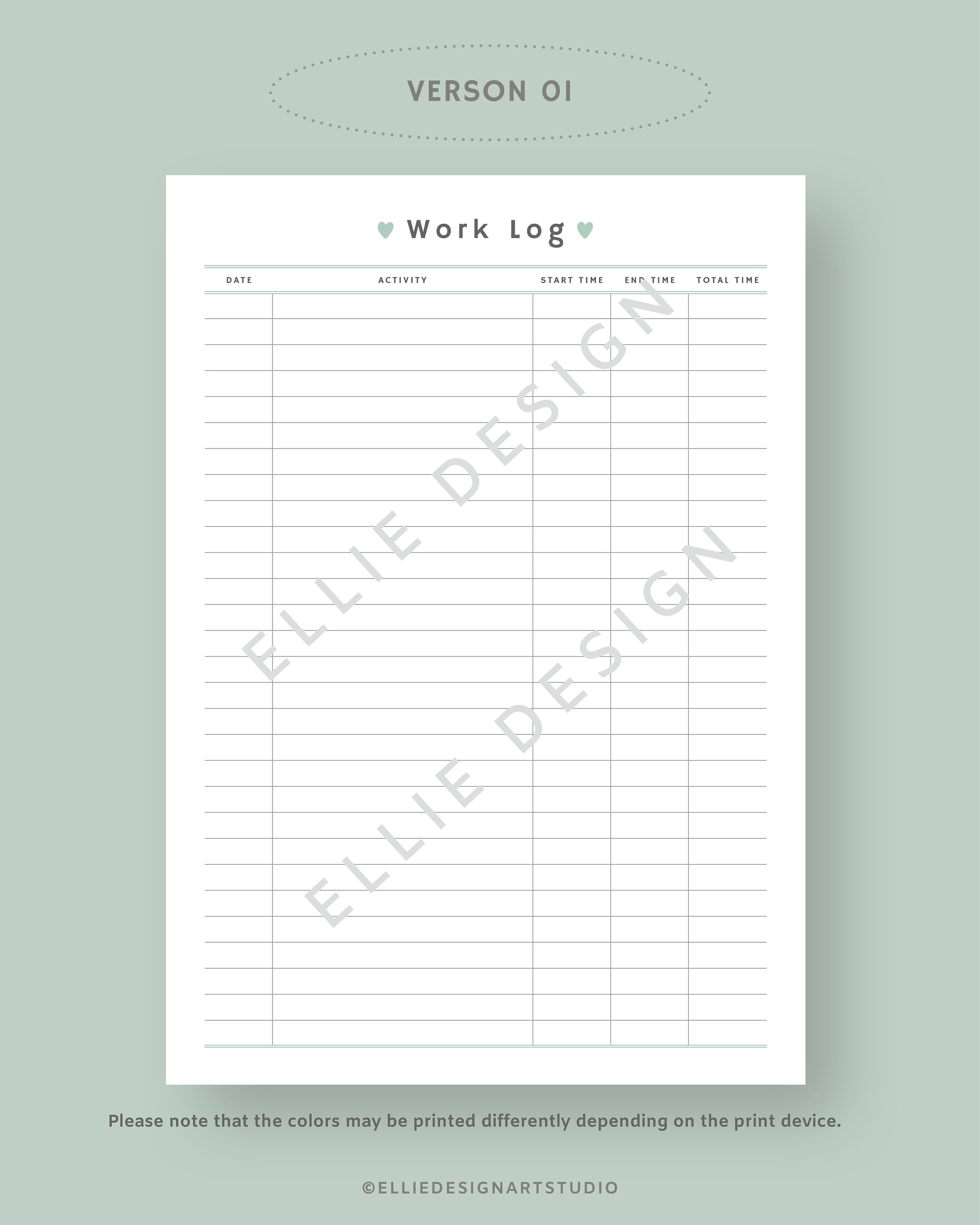 Digital Work Log | Work Log Printable | Time Spent Tracker | Working ...