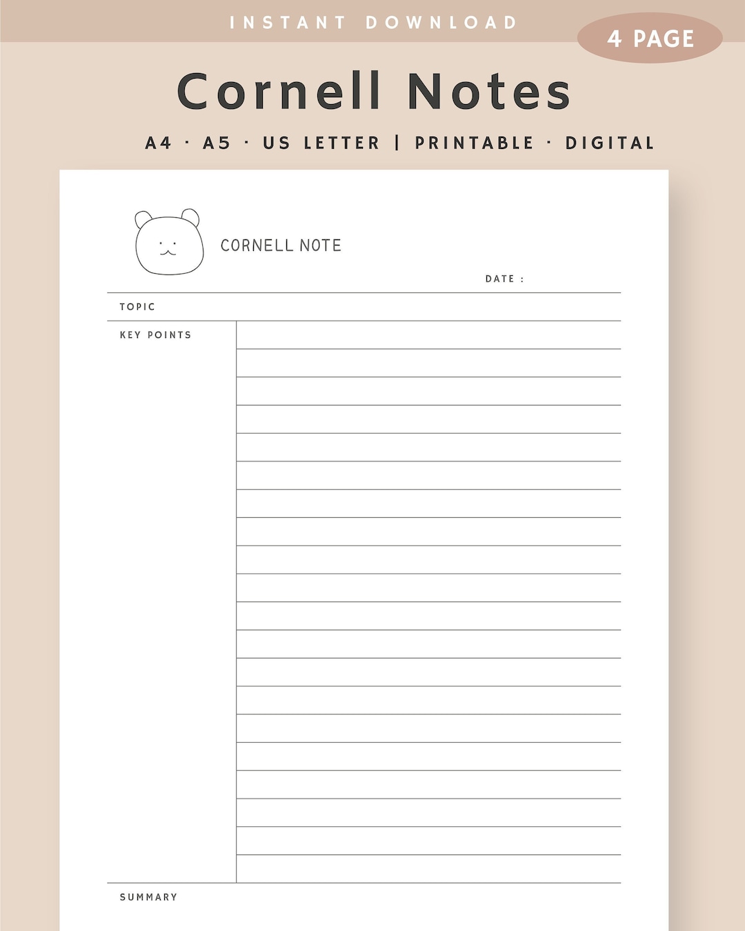 Cornell Notes Template Printable, Student Note Taking, Notes Template ...