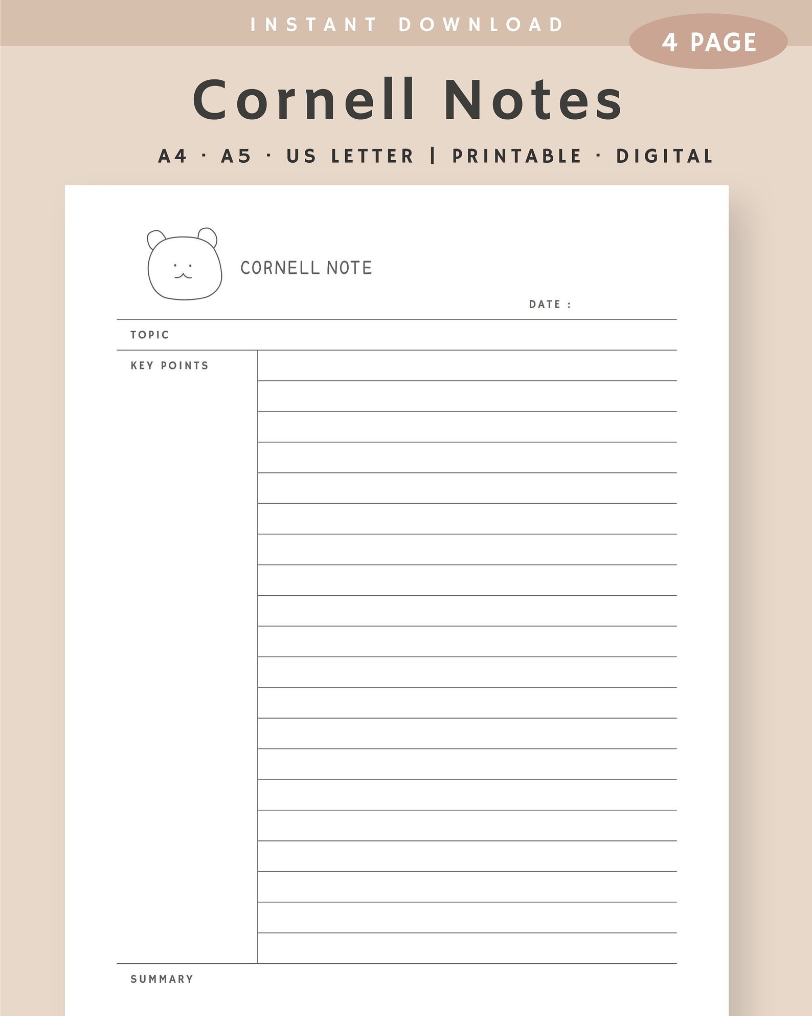 Cornell Notes Template Printable, Student Note Taking, Notes Template ...