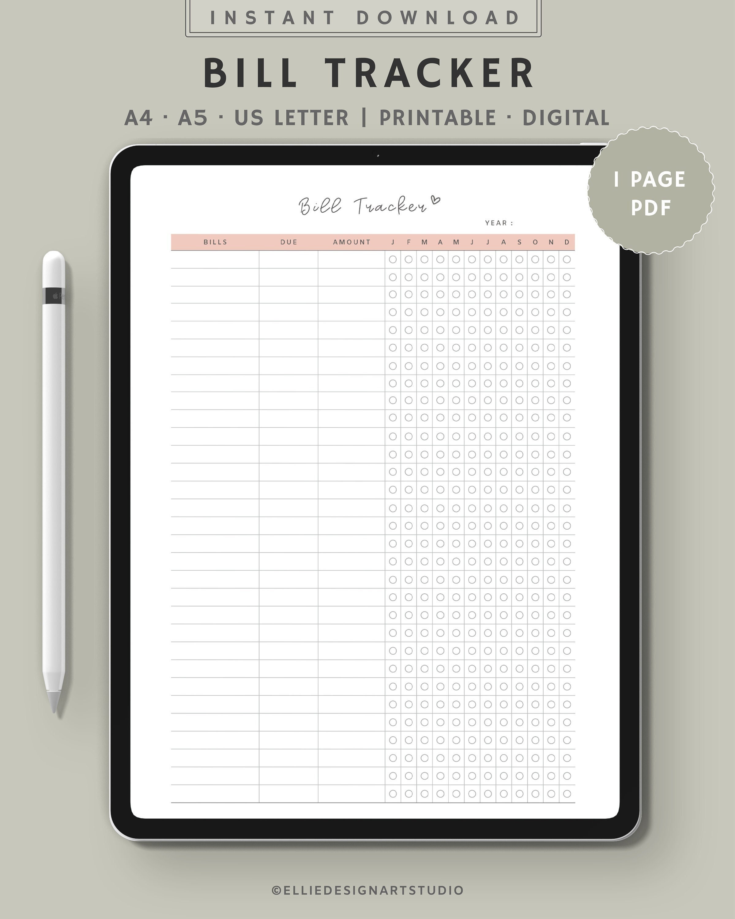 Billing Tracker Printable Monthly Yearly Bill Log Expense - Etsy