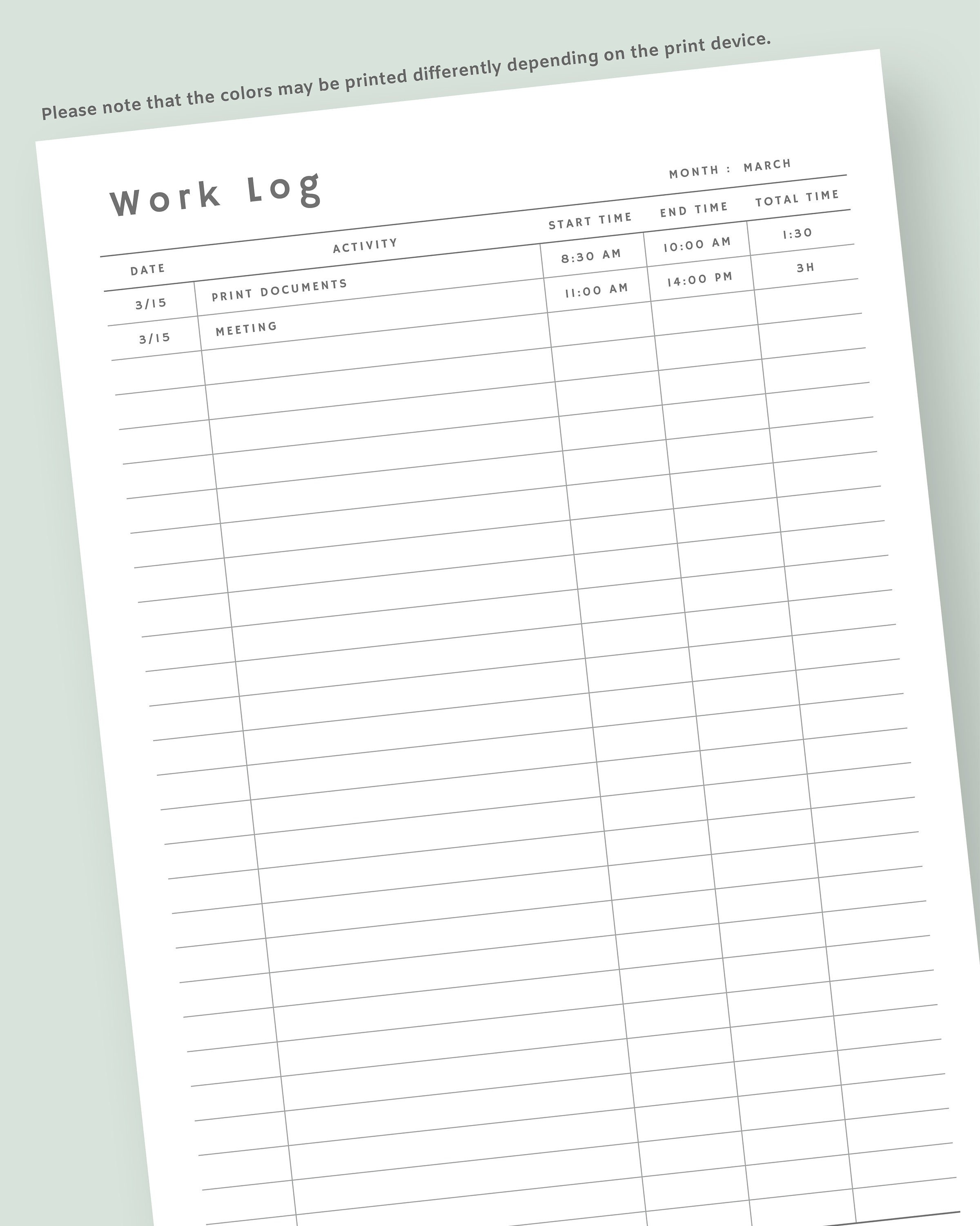 Editable Work Log | Work Log Printable | Time Spent Tracker | Working ...
